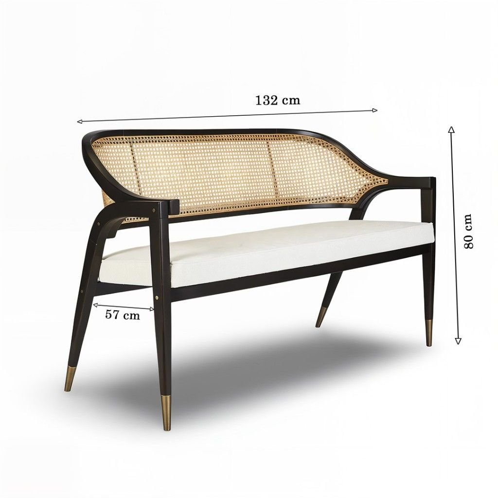 Solid Wood Cane Bench | Handcrafted Wooden Bench with Rattan